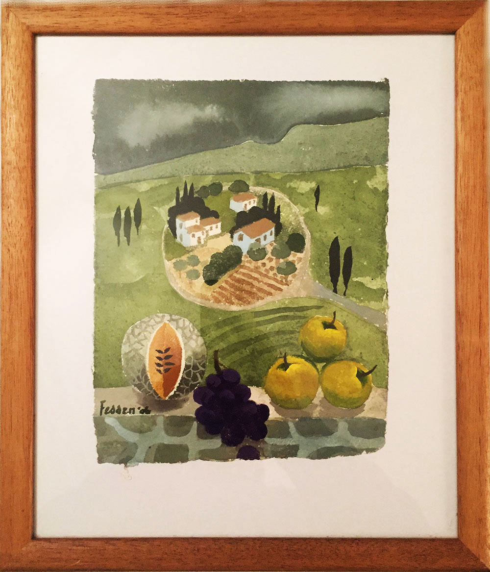 Mary Fedden. French landscape. Gouache / watercolour painting. Sold.