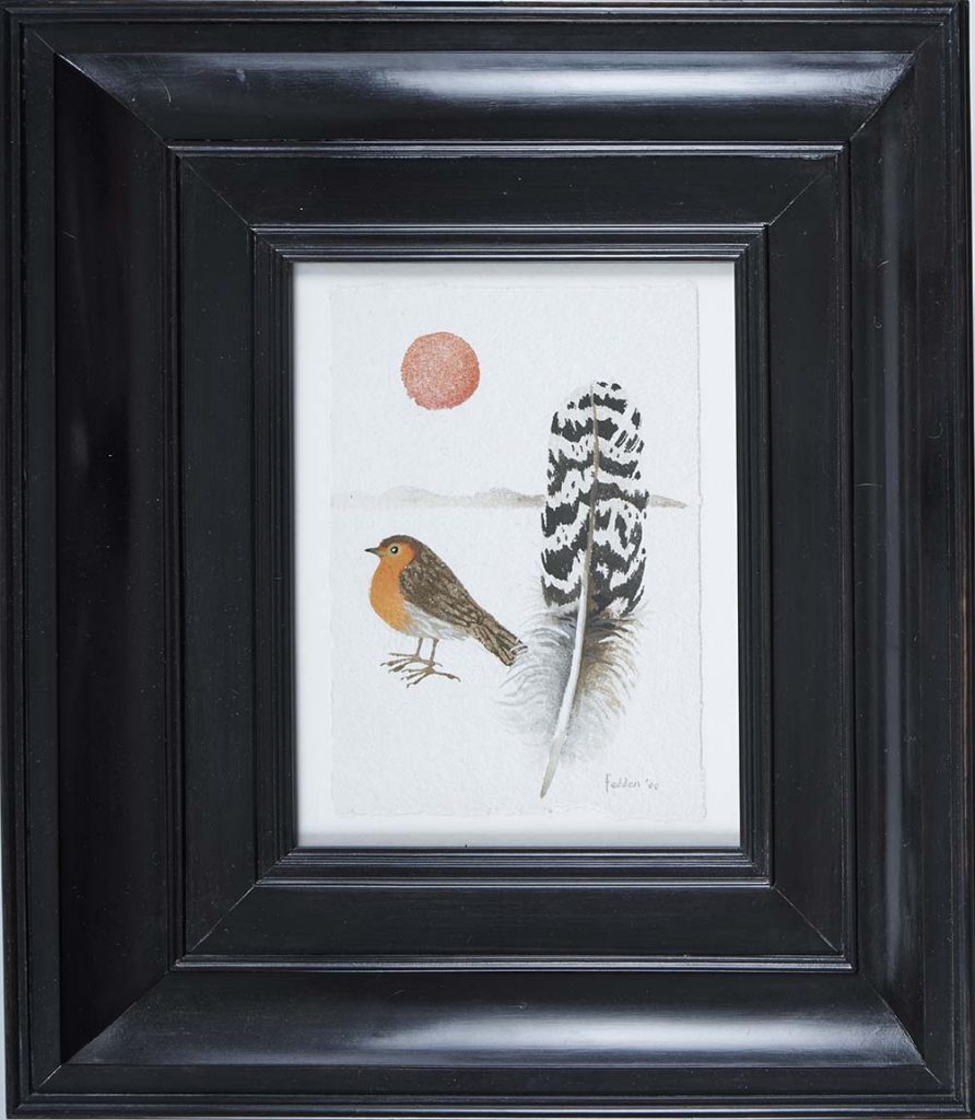 Mary Fedden. Robin with feather. Gouache / watercolour painting for sale.