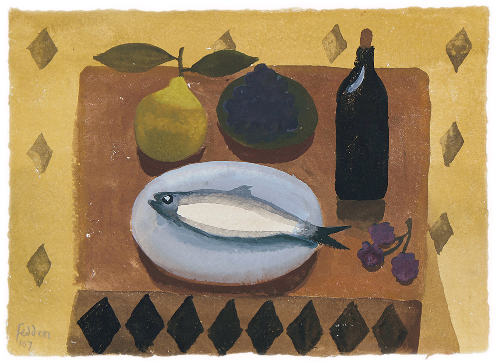 Mary Fedden. Still life with fish and pear. Gouache / watercolour. SOLD.