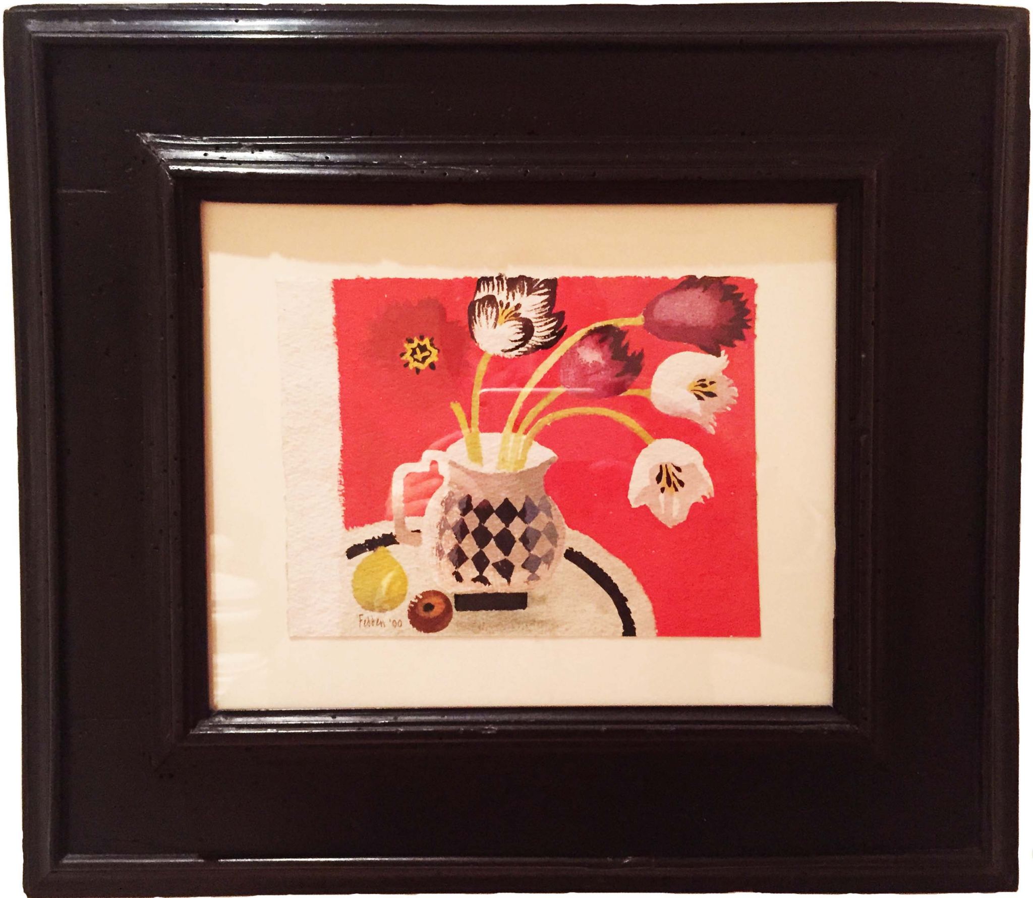 Mary Fedden. Tulips on red. Gouache / watercolour painting for sale.