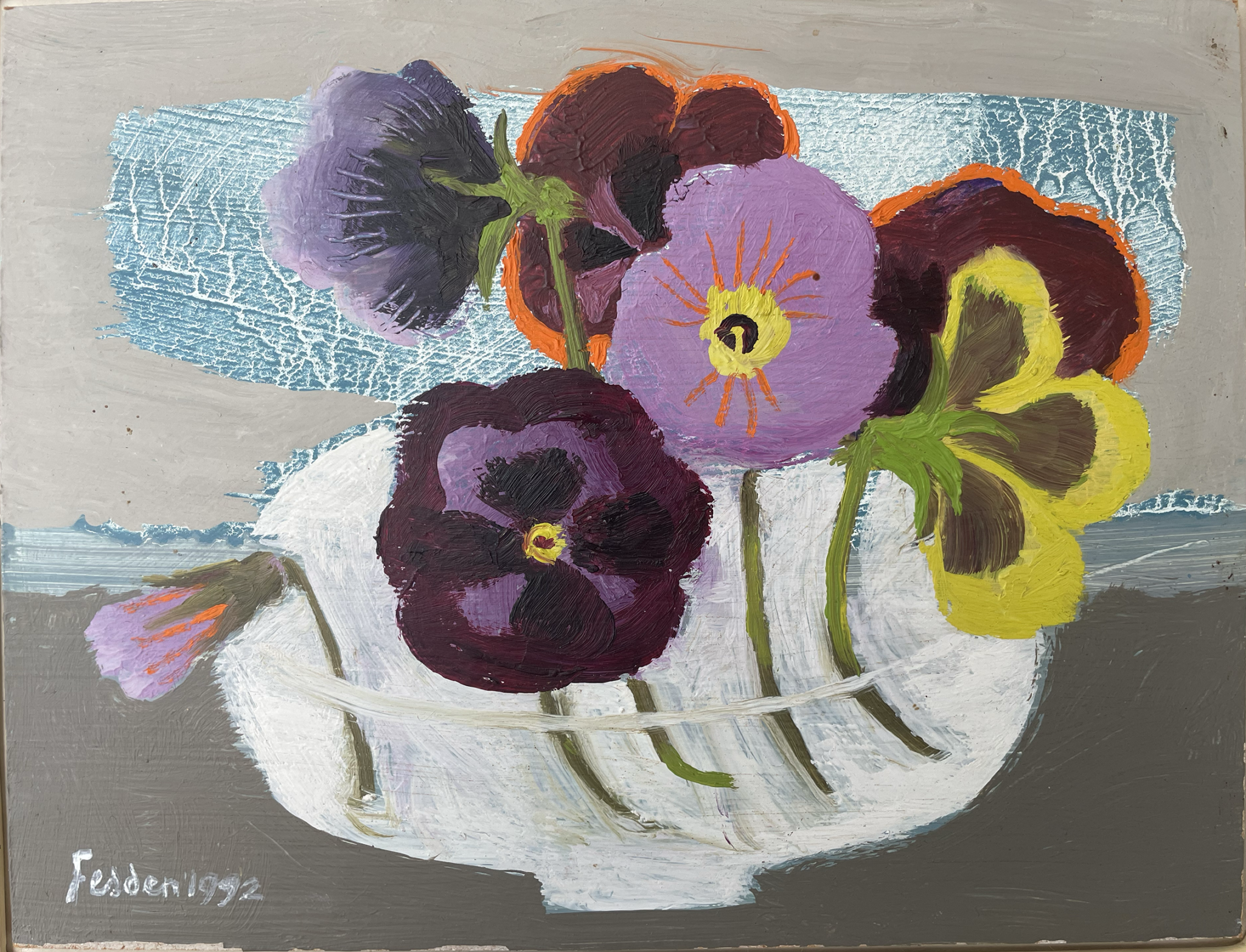 Mary Fedden. Pansies oil painting. Sold.