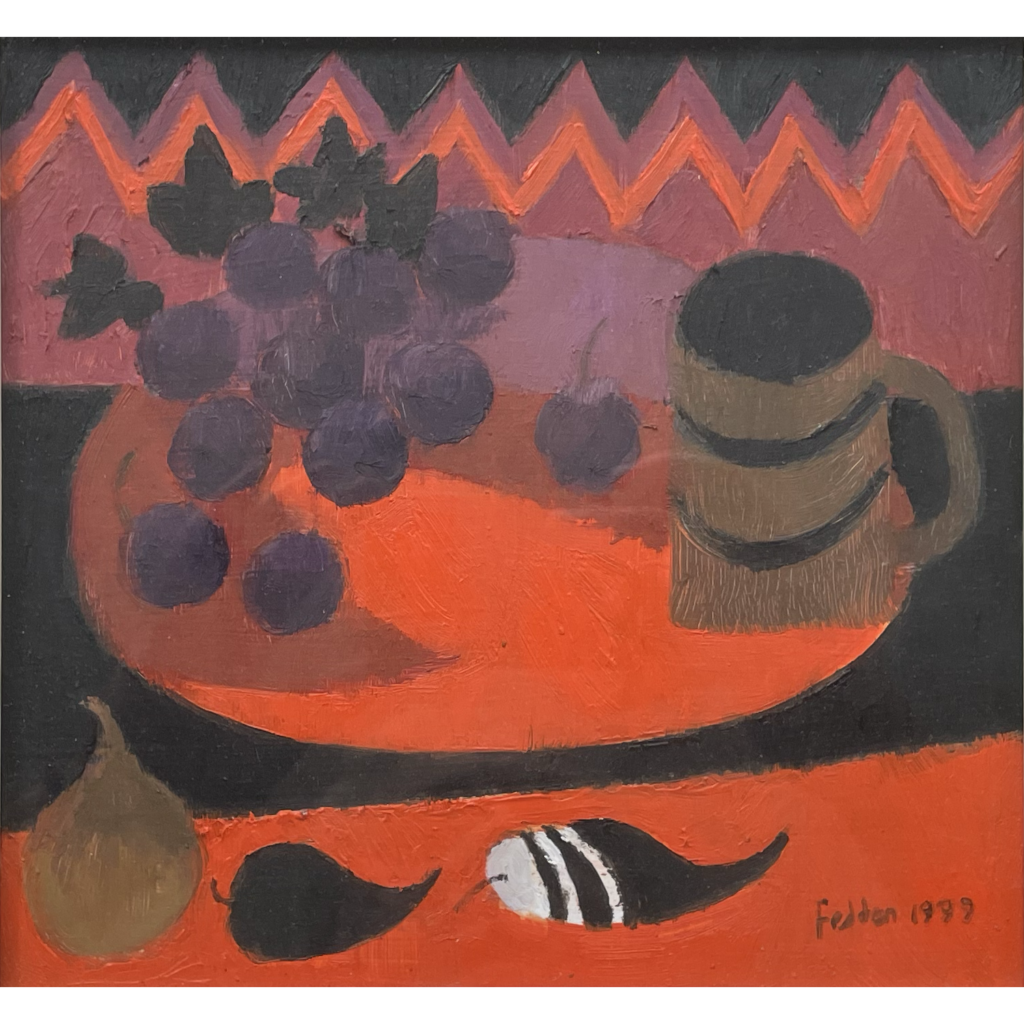 Mary Fedden artist. Red and black oil painting 1999. For sale