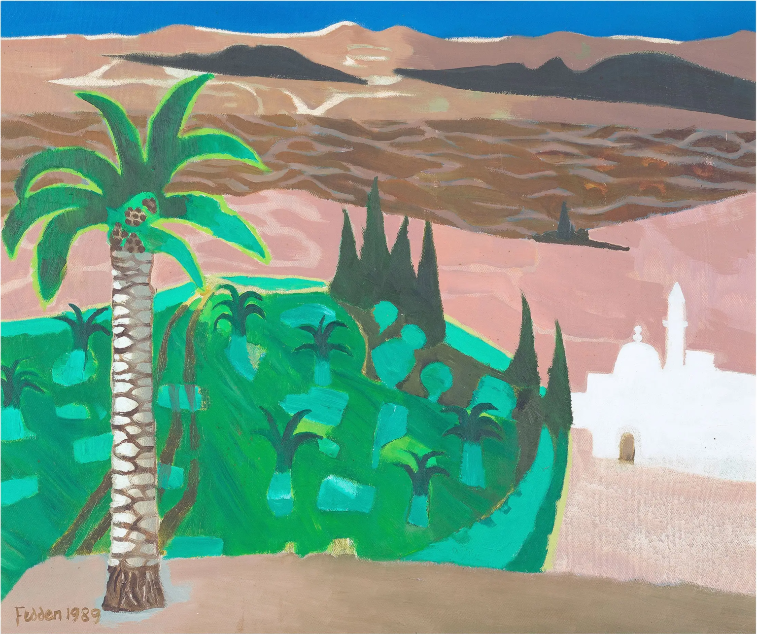 Mary Fedden for sale. Oasis Pella, Jordan oil painting, 1989. 20" x 24".